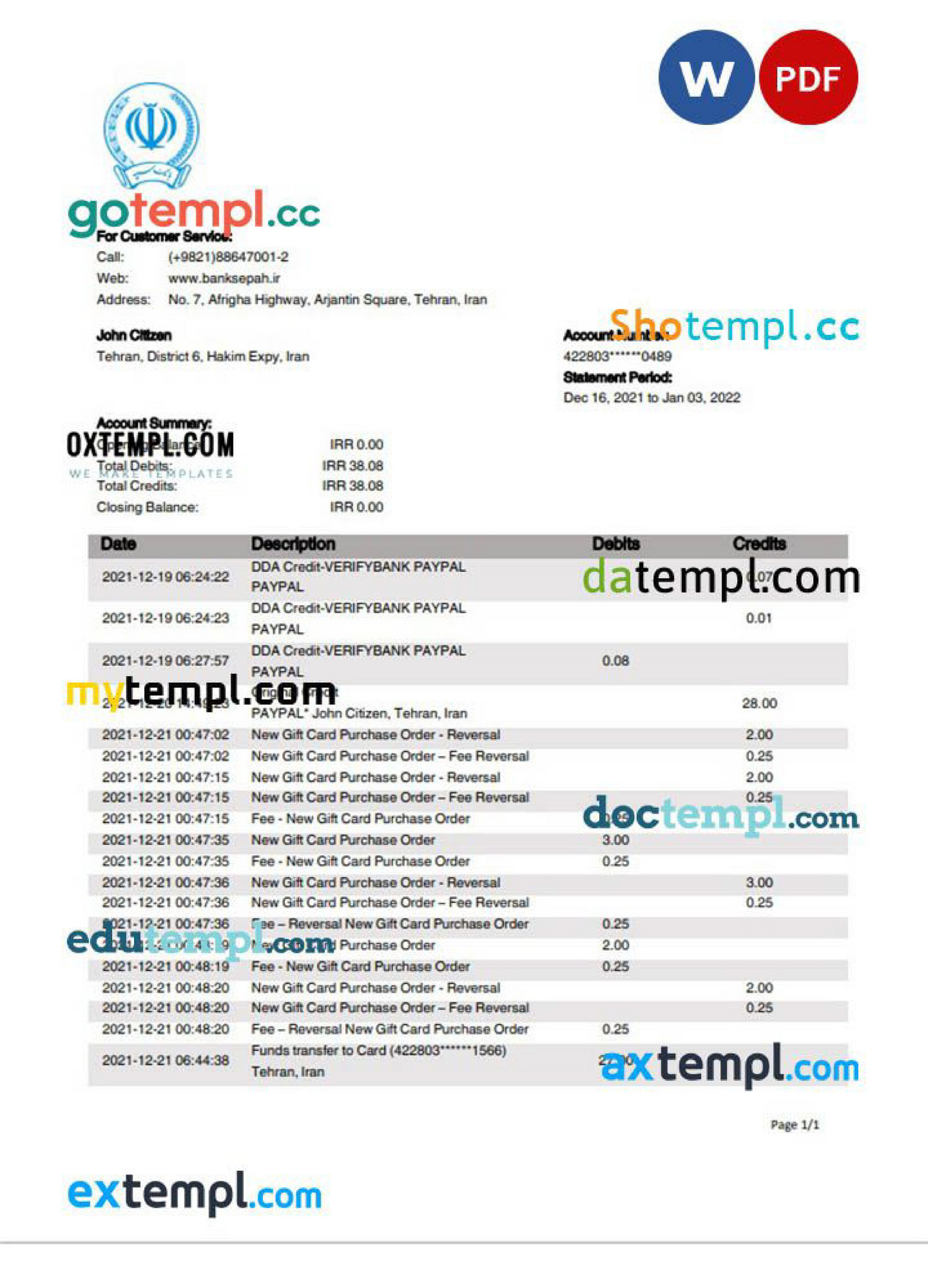 Doctempl - Iran Bank Sepah proof of address banking statement template in Word and PDF format ...