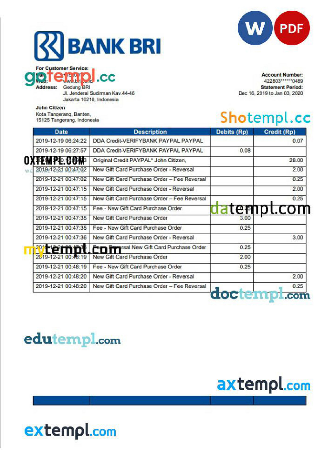 Doctempl - Indonesia Bank Rakyat Indonesia (BRI) easy to fill banking statement in Word and PDF ...