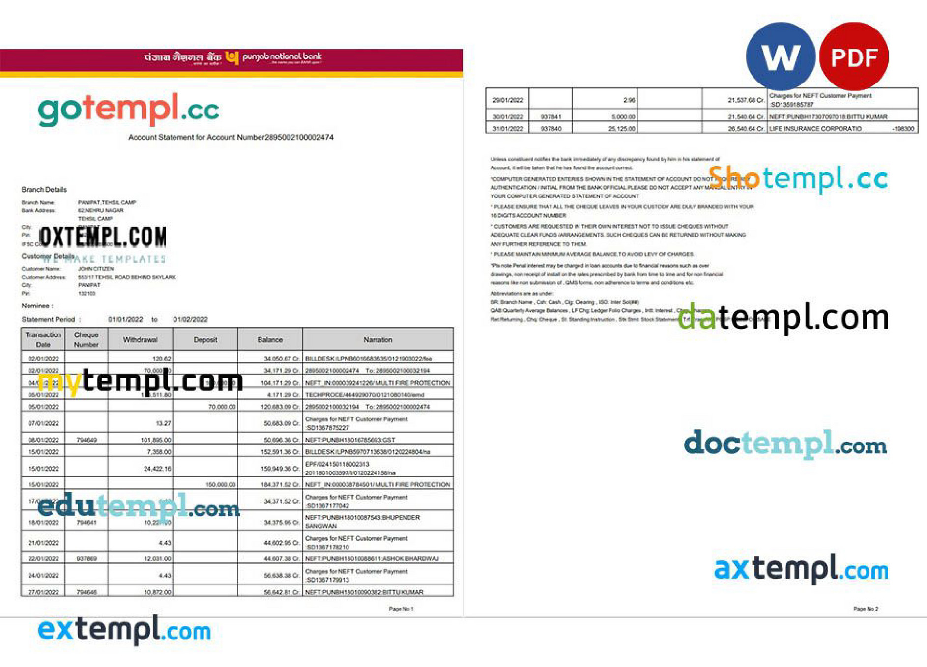 Doctempl - India Punjab National banking statement Word and PDF template, 2 pages, version 2 ...