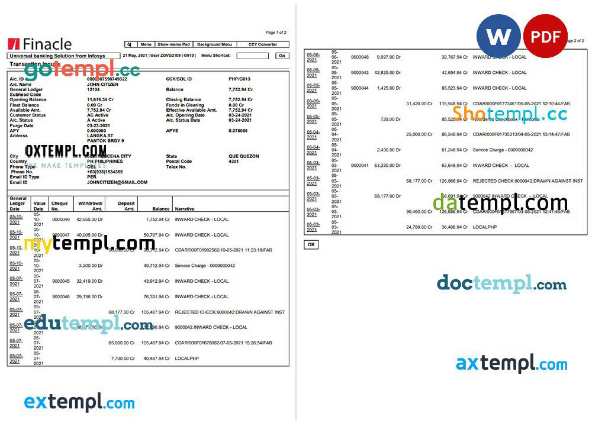 Doctempl - India Finacle banking statement in Word and PDF format (2 ...