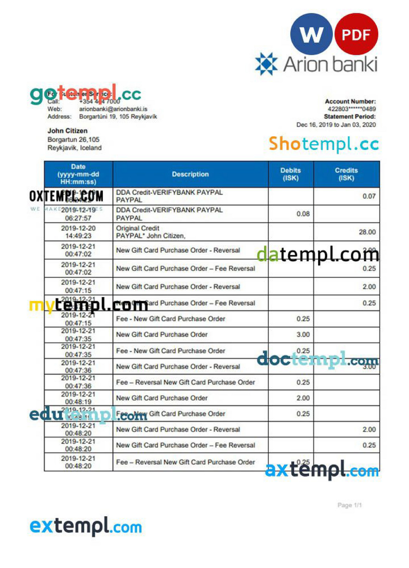 Doctempl - Iceland Arion Banki proof of address banking statement template in Word and PDF ...