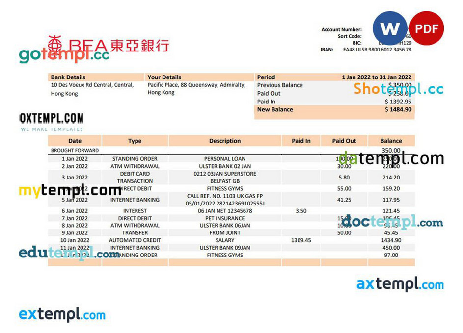 Doctempl - Hong Kong BEA banking statement Word and PDF template - Page 1