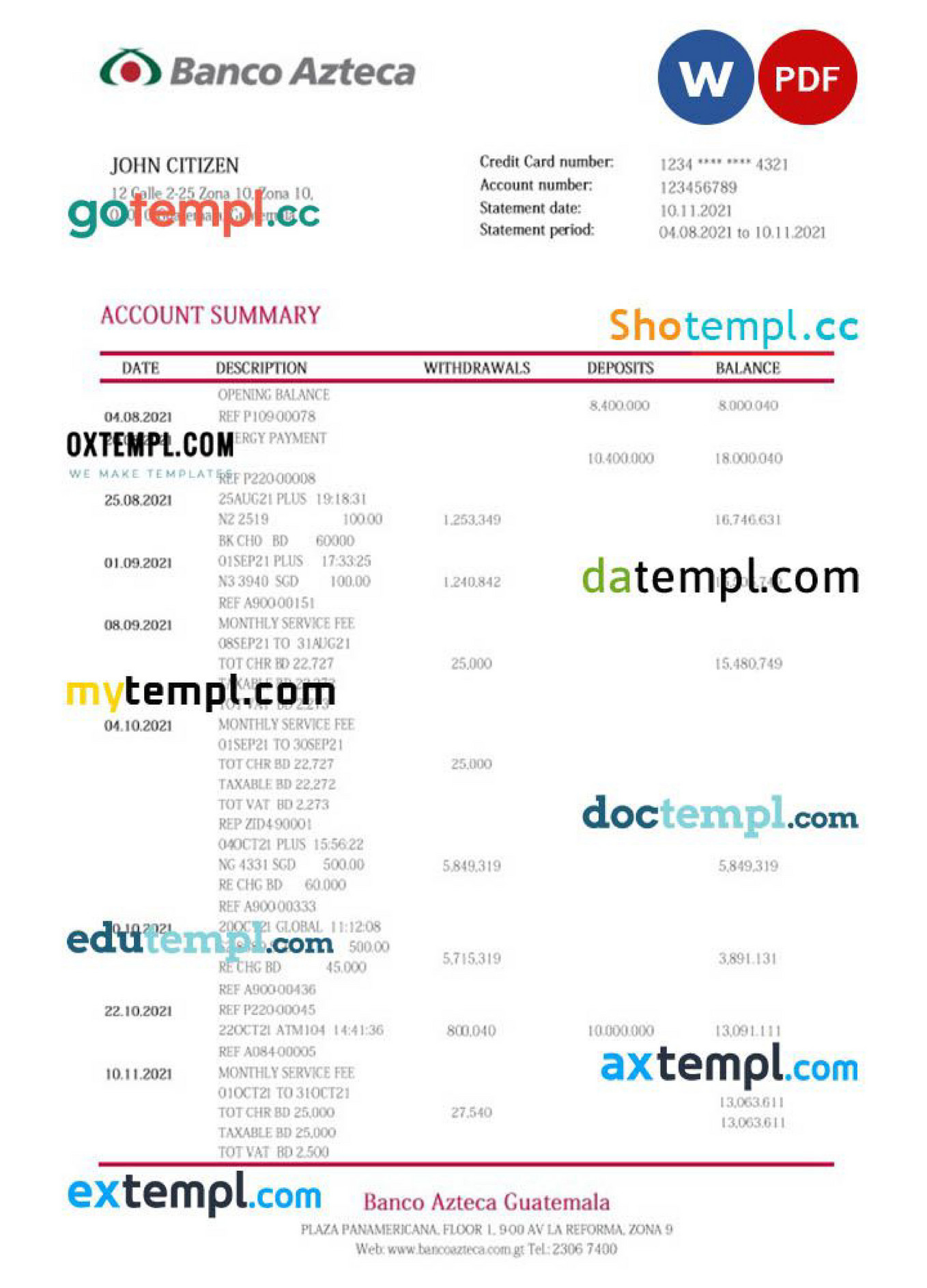 Doctempl - Guatemala Azteca proof of address banking statement template in Word and PDF format ...
