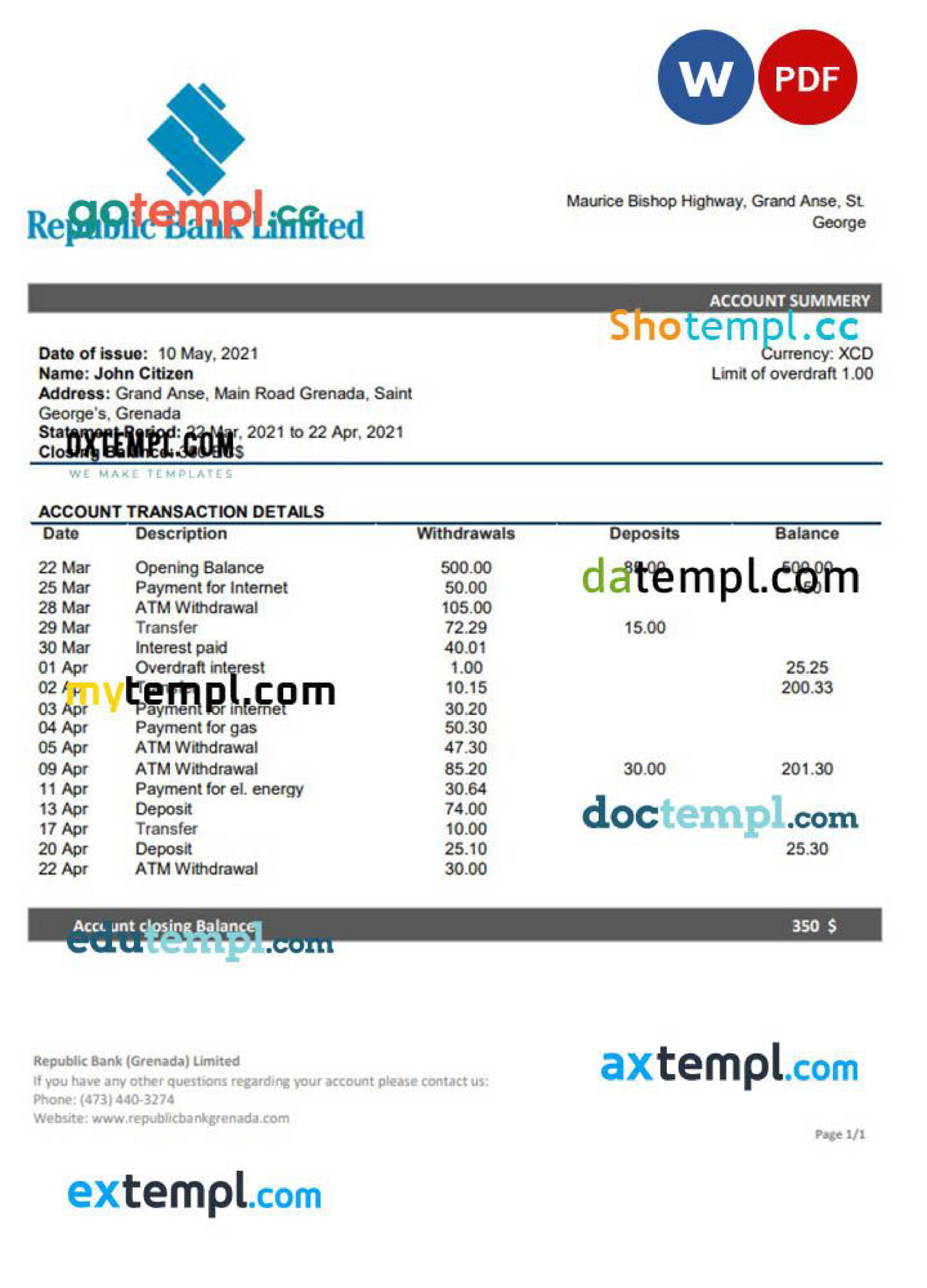 Doctempl - Grenada Republic banking statement template in Word and PDF ...