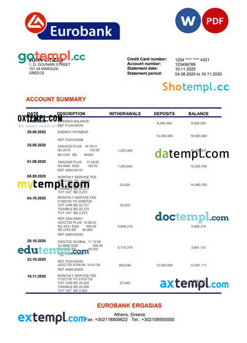Doctempl - Greece Eurobank Ergasias proof of address banking statement template in Word and PDF ...