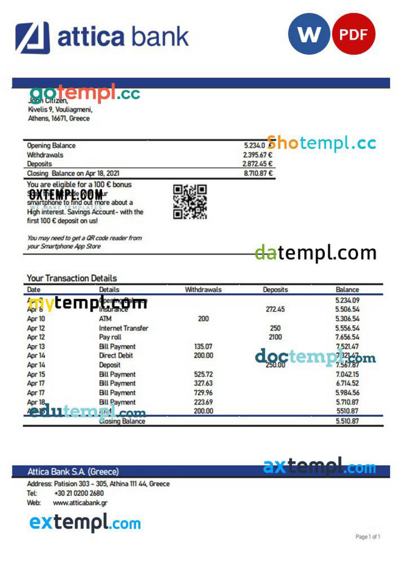 Doctempl - Greece Attica proof of address banking statement template in Word and PDF format ...