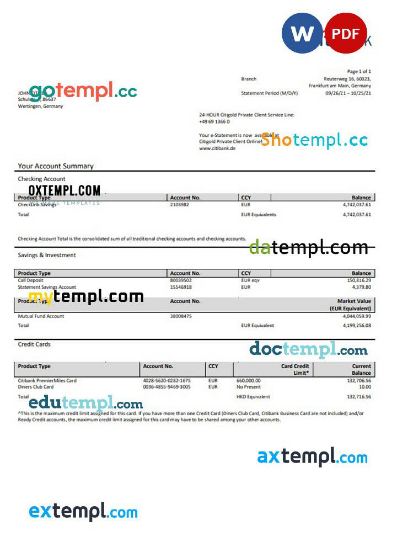 Doctempl - Germany Citibank bank account statement template in Word and PDF format - Page 1