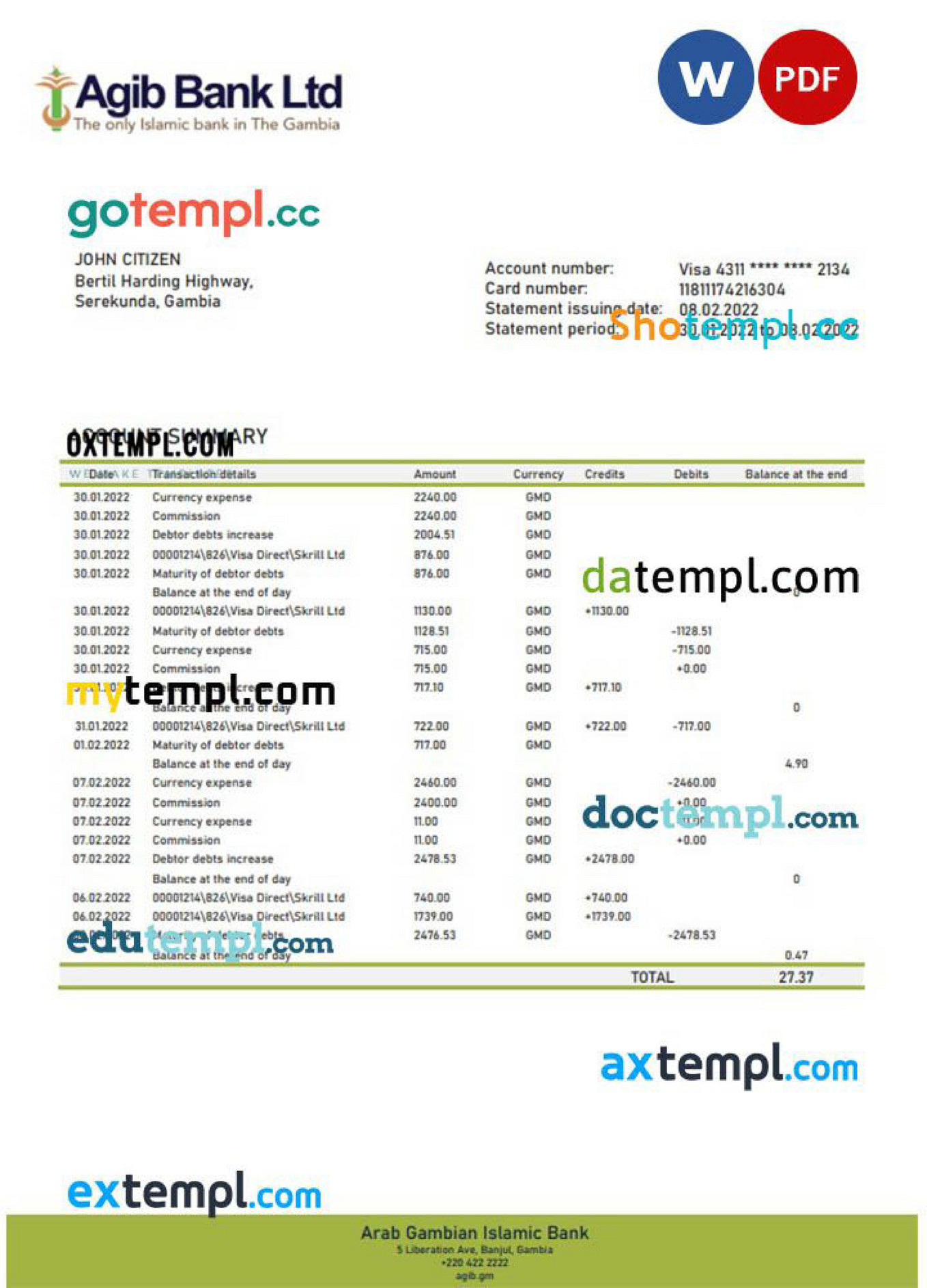 Doctempl - Gambia Arab Gambian Islamic banking statement template in Word and PDF format - Page 1