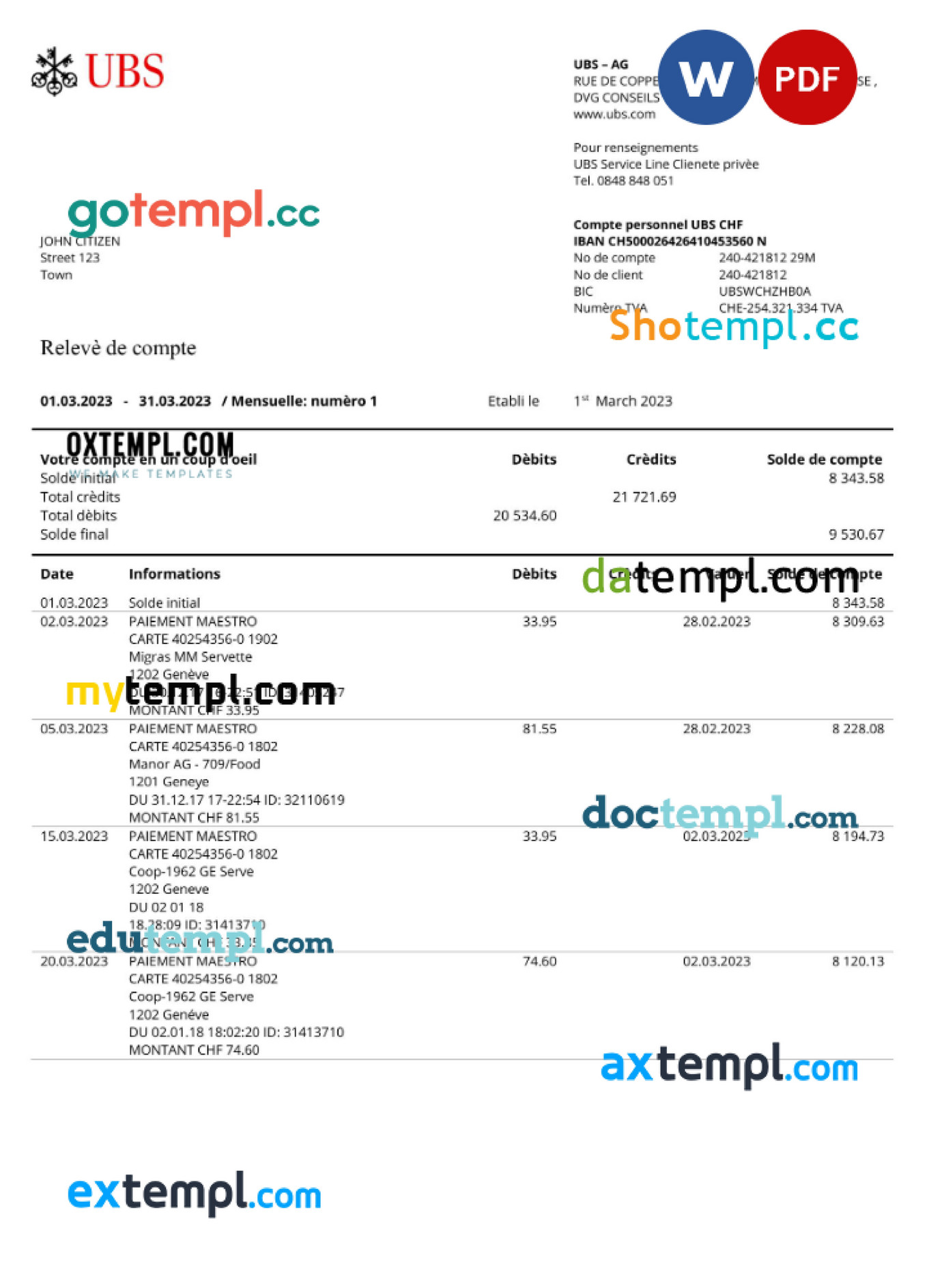 Doctempl - France UBS bank statement Word and PDF template (in French ...