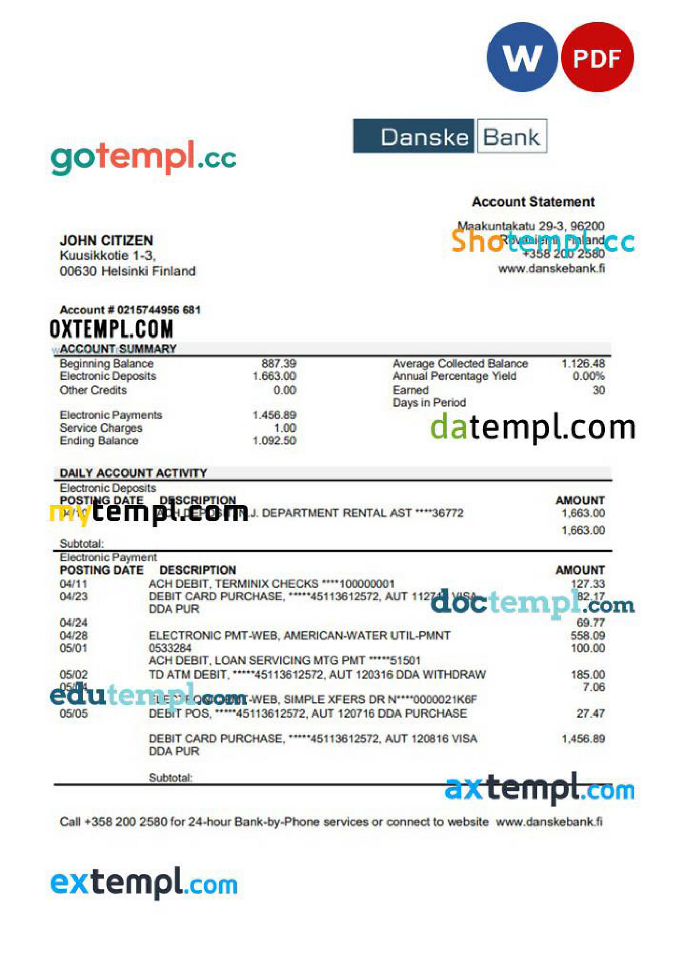 Doctempl - Finland Danske banking statement template in Word and PDF ...