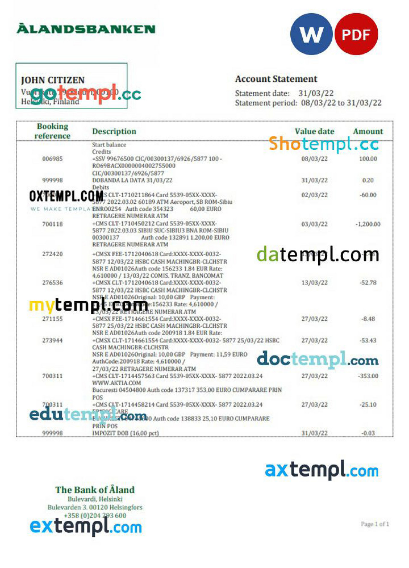 Doctempl - Finland Aland banking statement template in Word and PDF ...