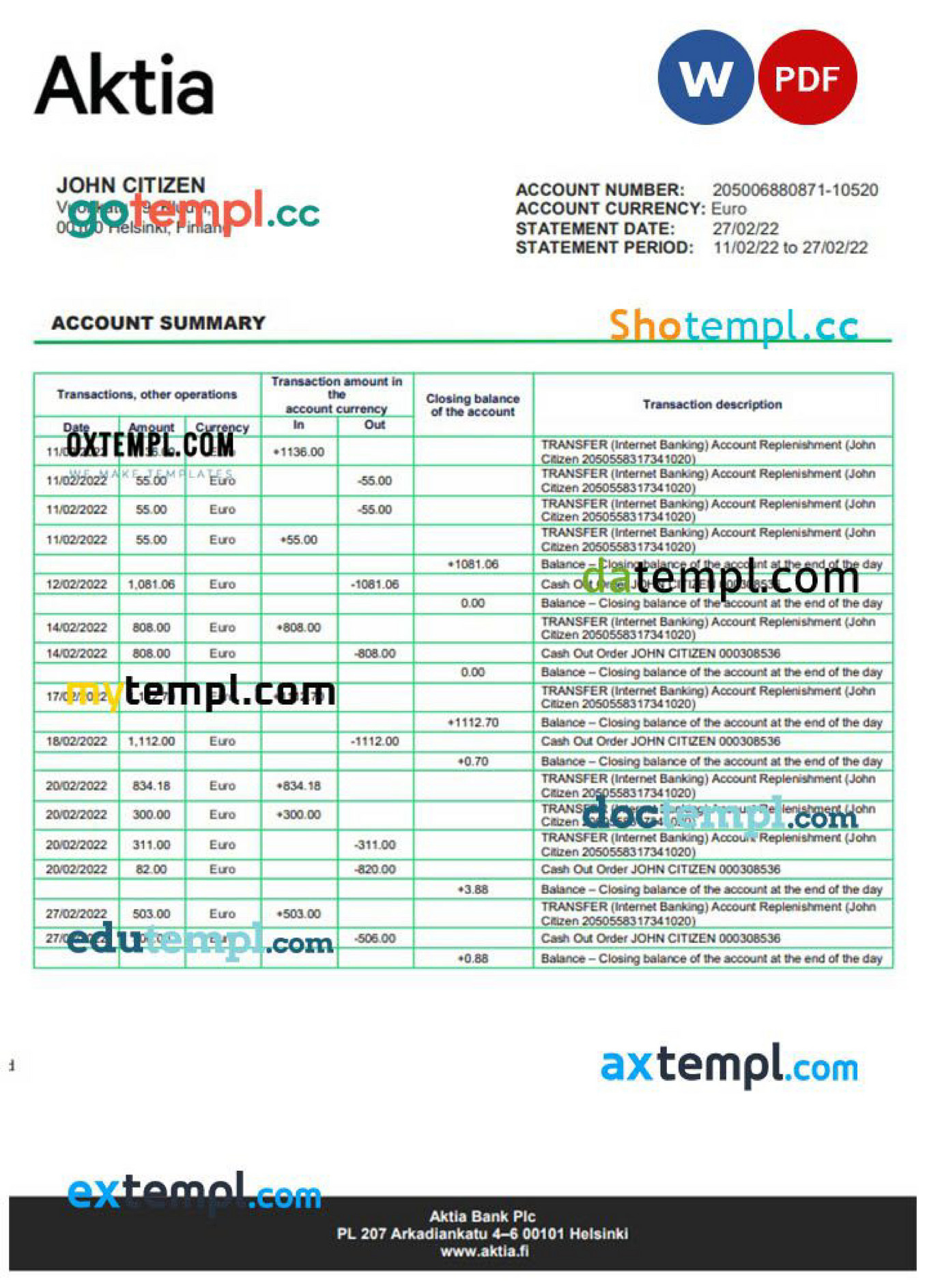 Doctempl - Finland Aktia banking statement template in Word and PDF ...