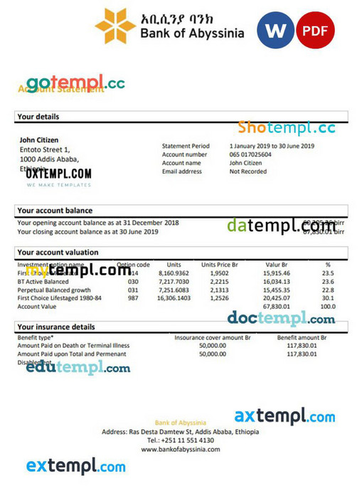 Doctempl - Ethiopia Bank of Abyssinia proof of address banking statement template in Word and ...