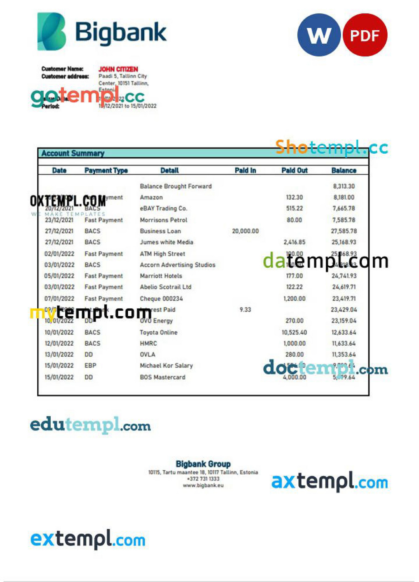 Doctempl - Estonia Bigbank proof of address banking statement template ...
