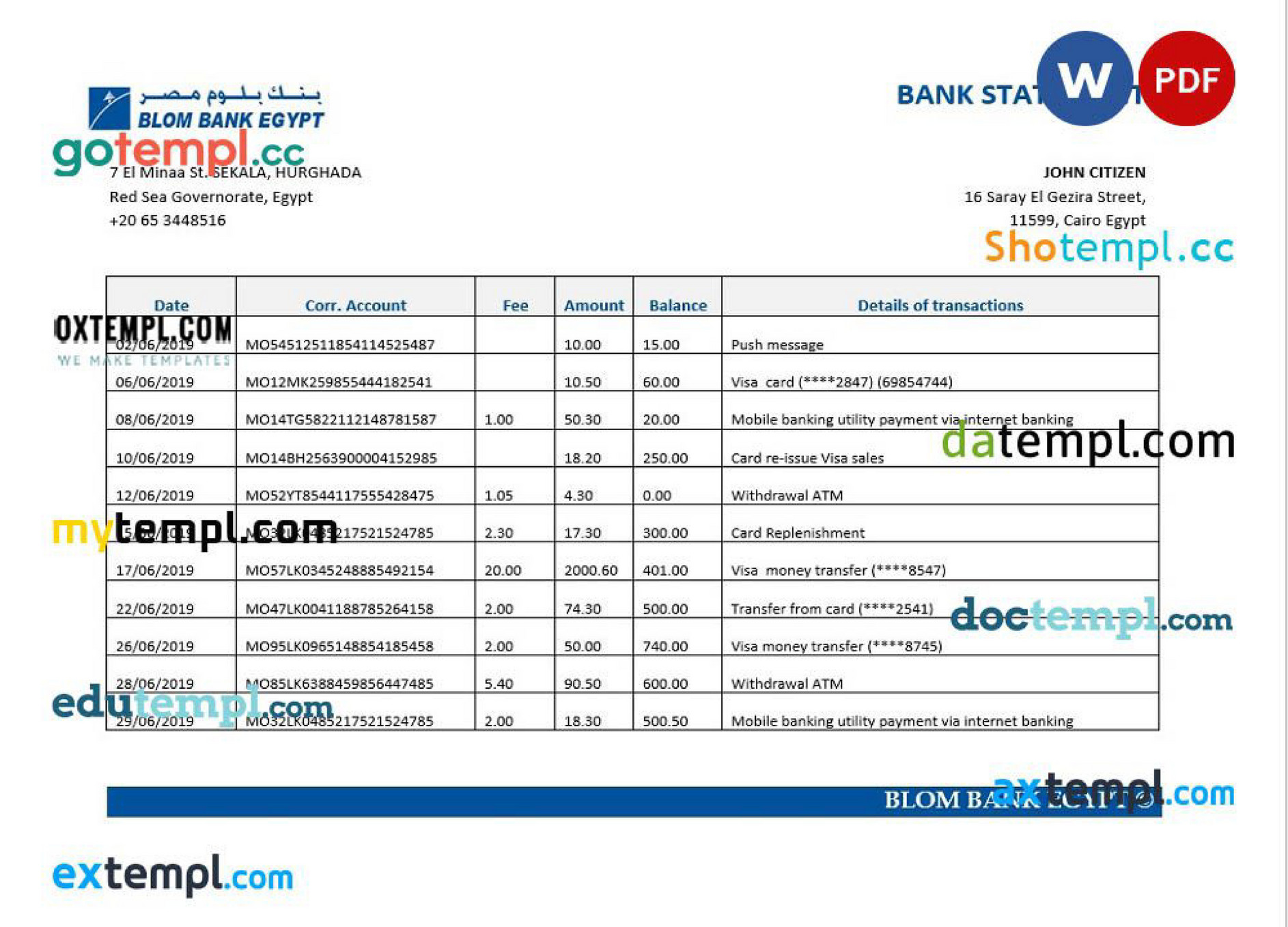Doctempl - Egypt Blom Bank of Egypt proof of address statement template in Word and PDF format ...
