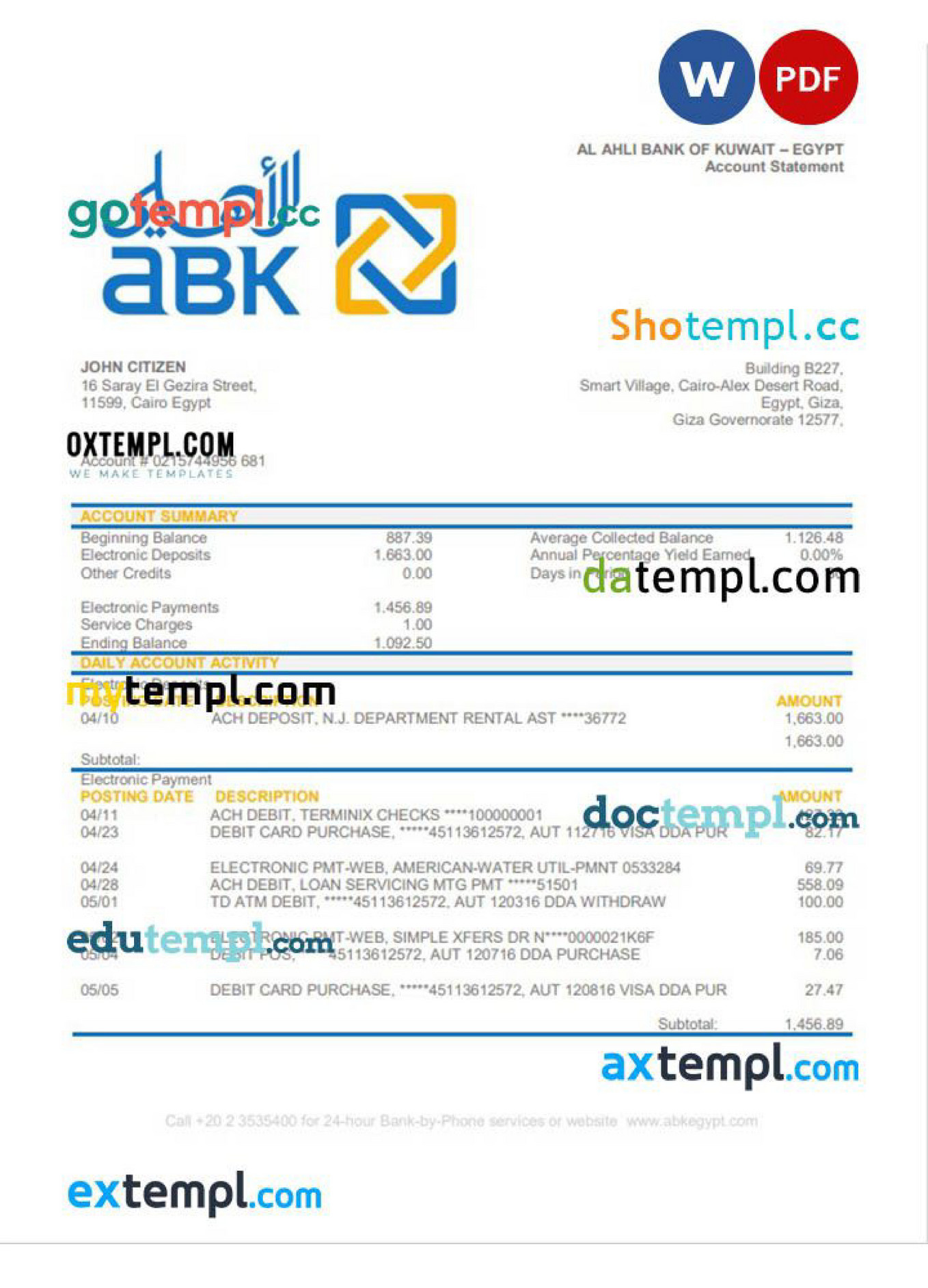 Doctempl - Egypt Al Ahli Bank of Kuwait banking statement easy to fill template in Word and PDF ...