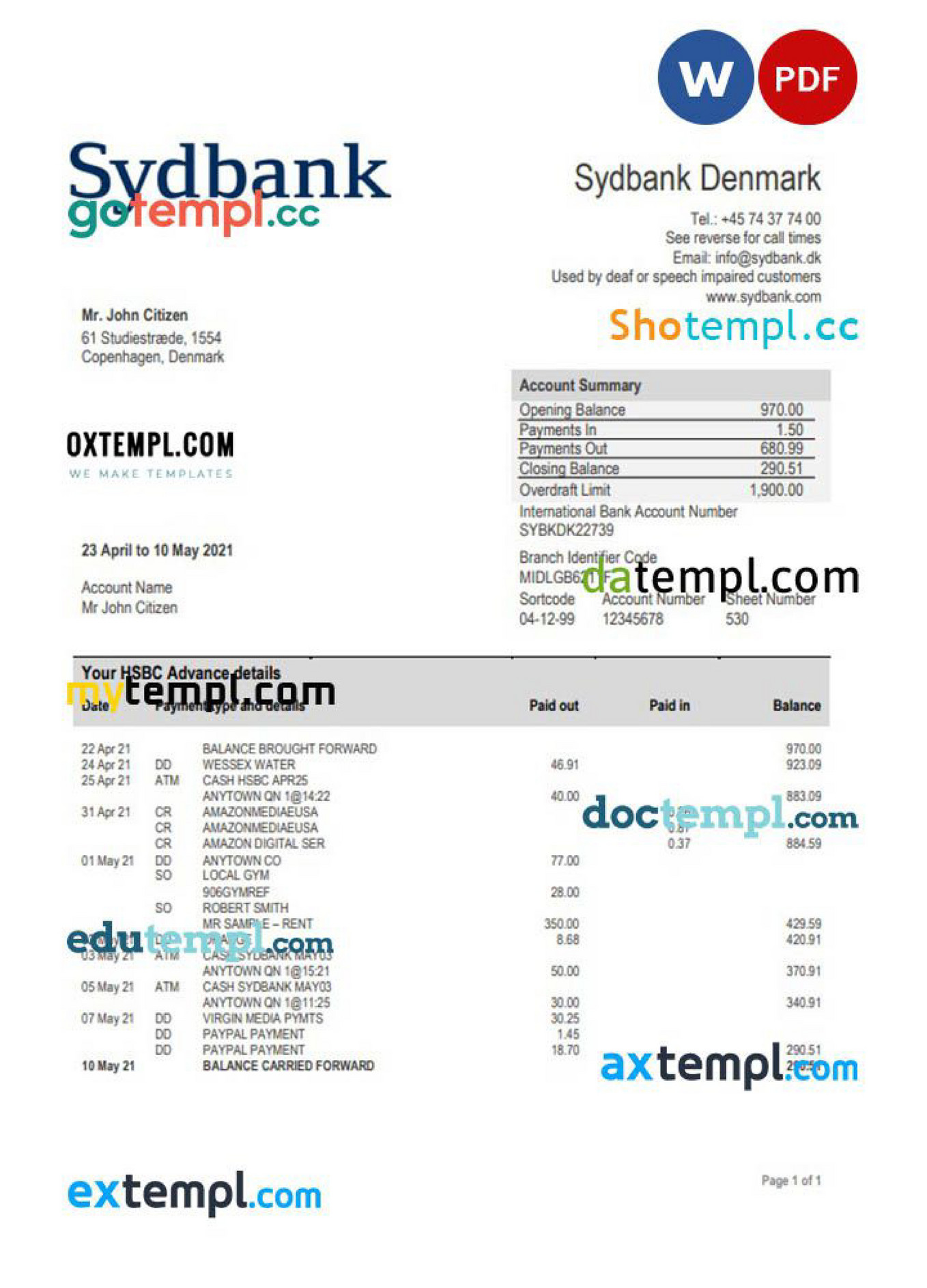 Doctempl - Denmark Sydbank banking statement template in Word and PDF ...