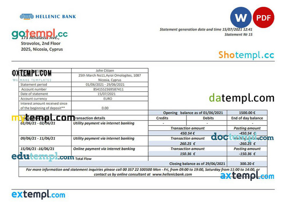 Doctempl - Cyprus Hellenic banking statement template in Word and PDF format - Page 1