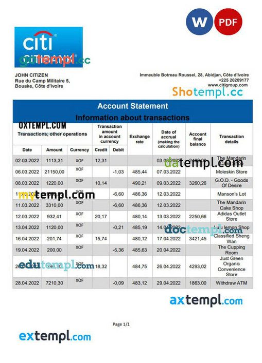 Doctempl - Cote d’Ivoire Citibank banking statement template in Word and PDF format - Page 1