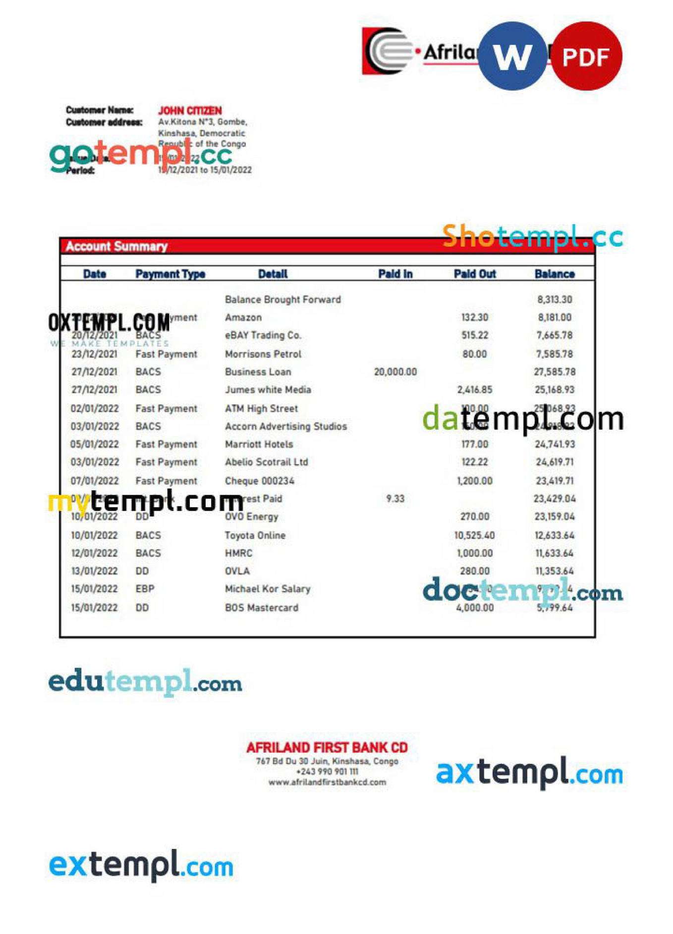Doctempl - Congo Afriland First banking statement template in Word and ...