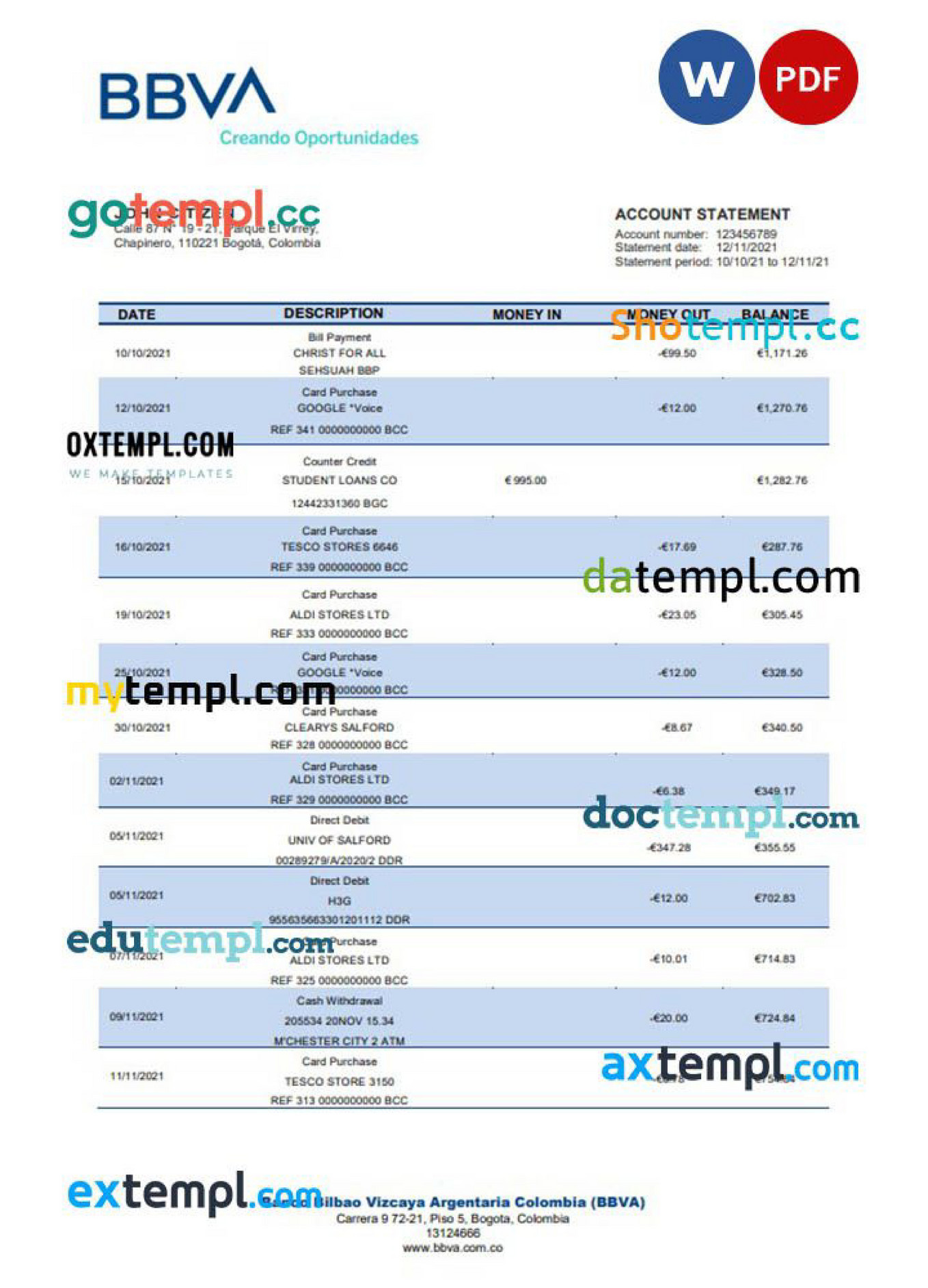 Doctempl - Colombia BBVA banking statement template in Word and PDF format - Page 1