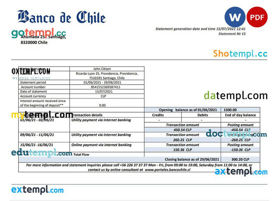 Doctempl - Chile Banco de Chile banking statement template in Word and PDF format - Page 1