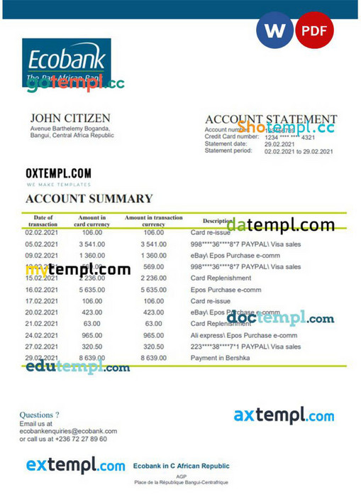 Doctempl - Central African Republic Ecobank banking statement template in Word and PDF format ...