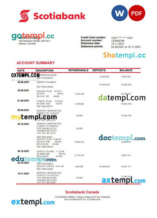 Doctempl - Canada Scotiabank banking statement template in Word and PDF format - Page 1
