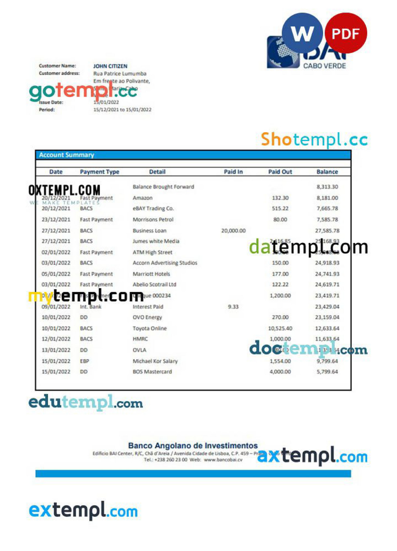 Doctempl - Cabo Verdean Banco Africano de Investimento bank statement 3 – 6 months Word and PDF ...