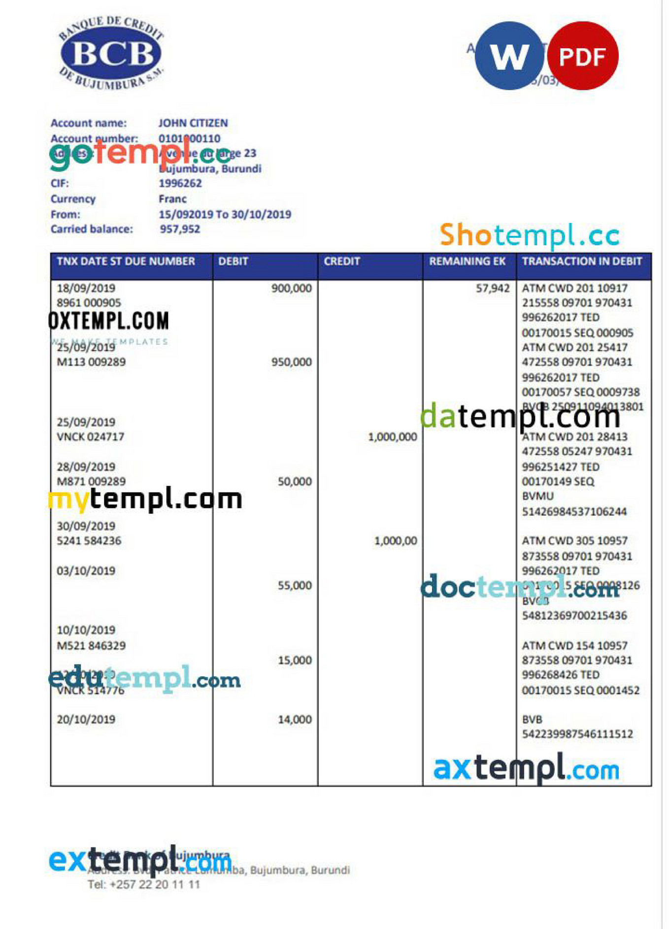 Doctempl - Burundian Credit Bank of Bujumbura bank statement 3 – 6 ...