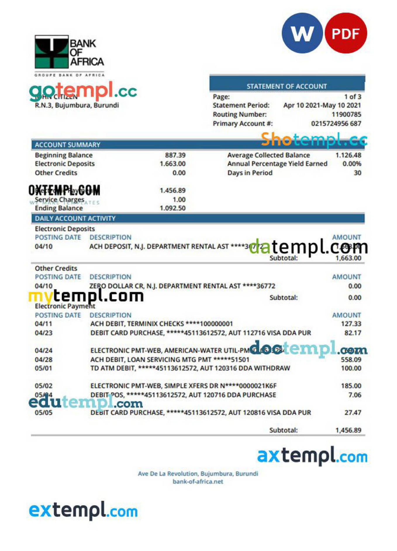 Doctempl - Burundian Bank of Africa bank statement 3 – 6 months Word ...