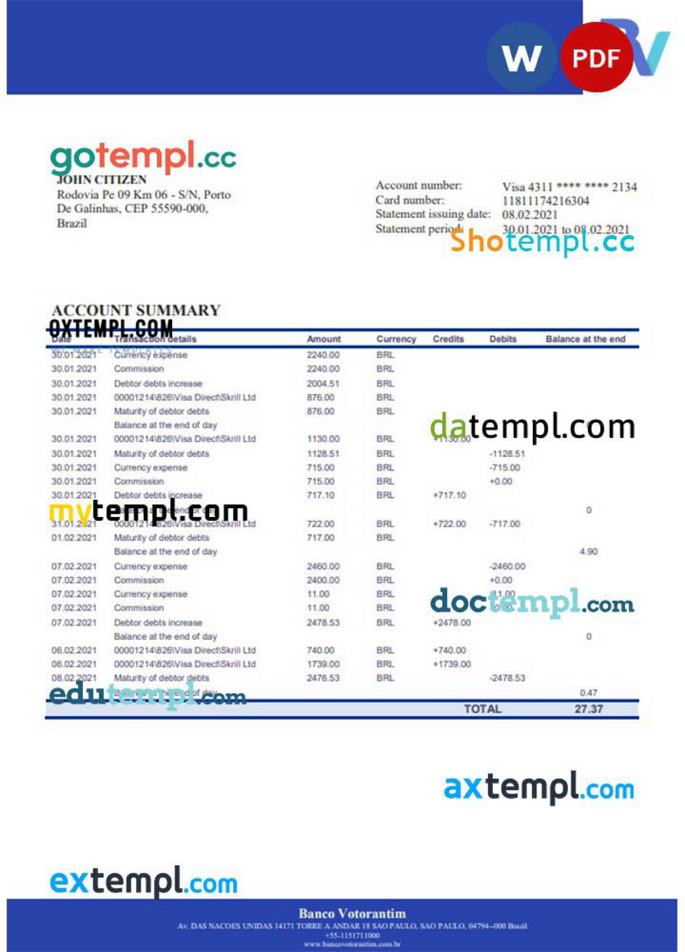 Doctempl - Brazilian Banco Votorantim bank statement 3 – 6 months ...