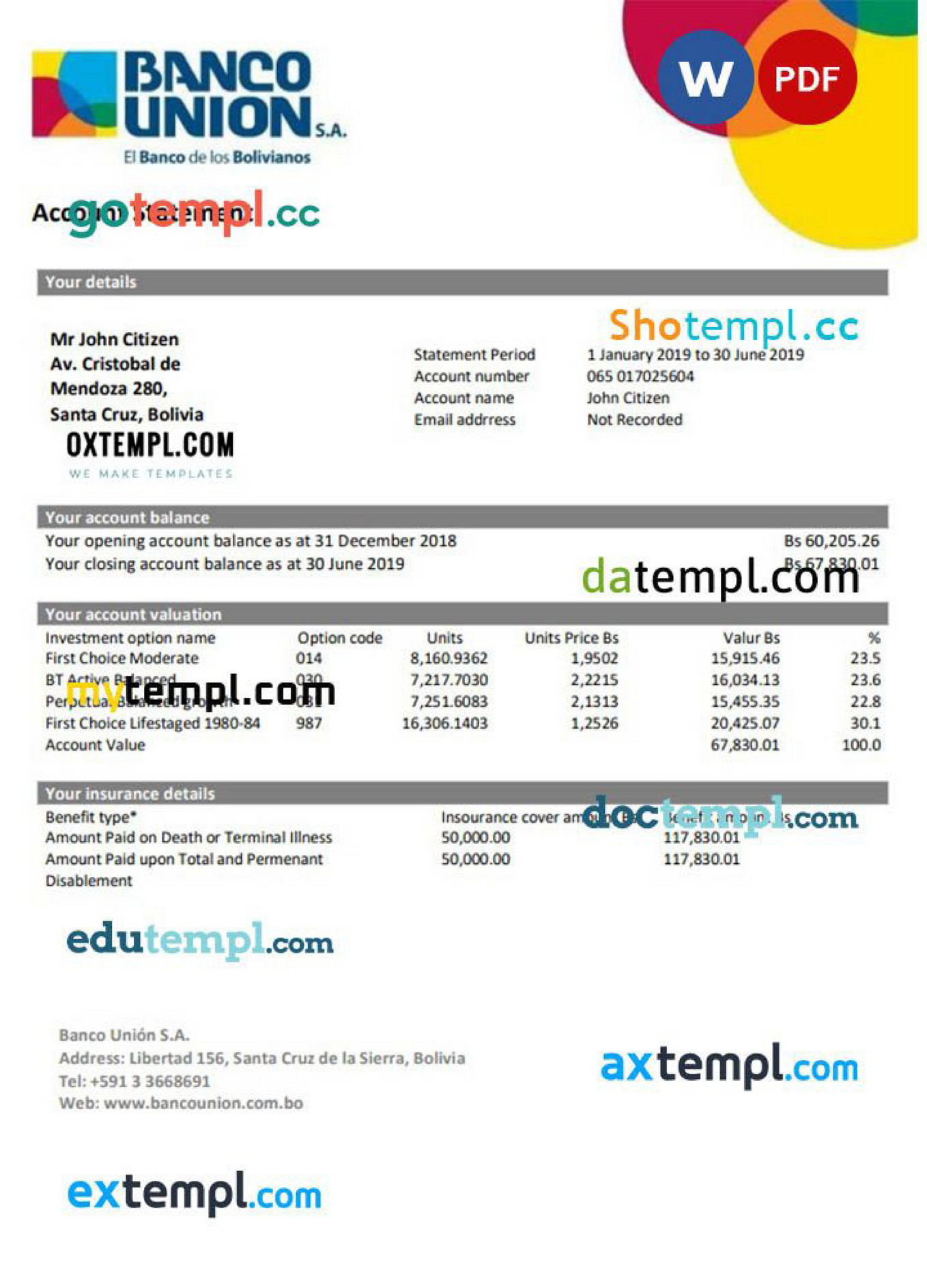 Doctempl - Bolivian Banco Union bank statement 3 – 6 months example in ...