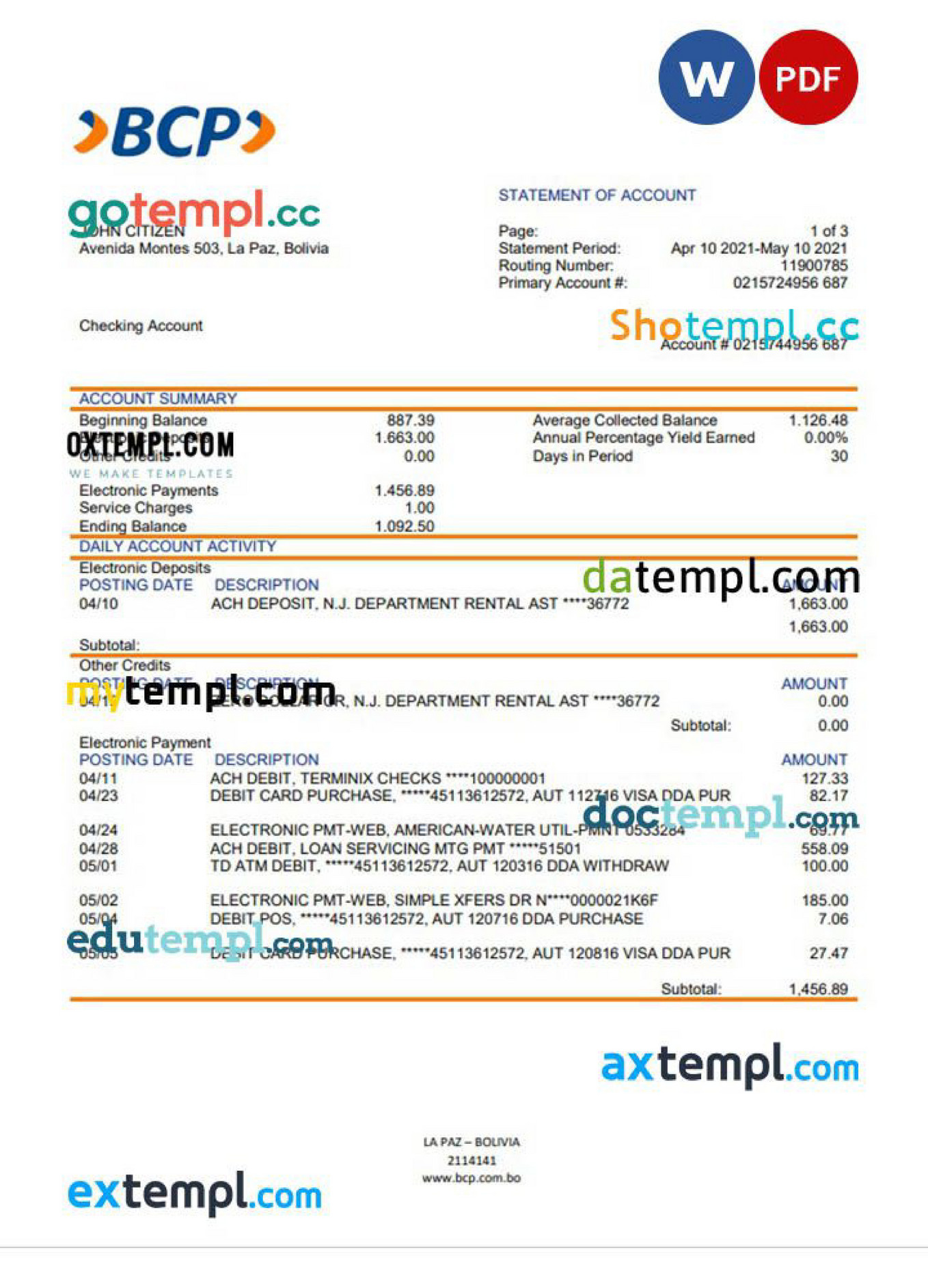 Doctempl - Bolivian banco de crédito de bolivia bank statement 3 – 6 ...