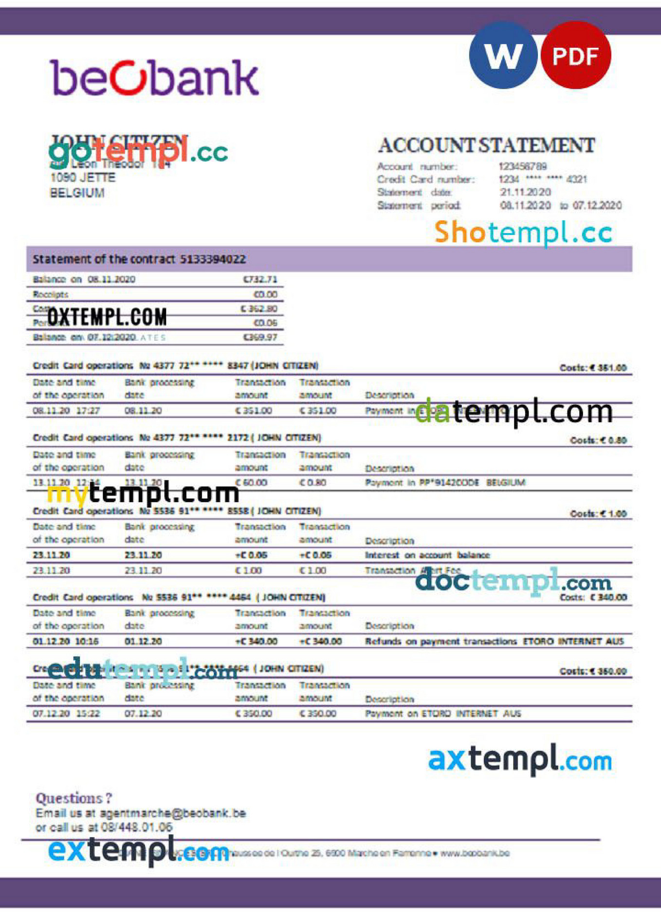 Doctempl - Belgian Beobank statement 3 – 6 months example in Word and ...