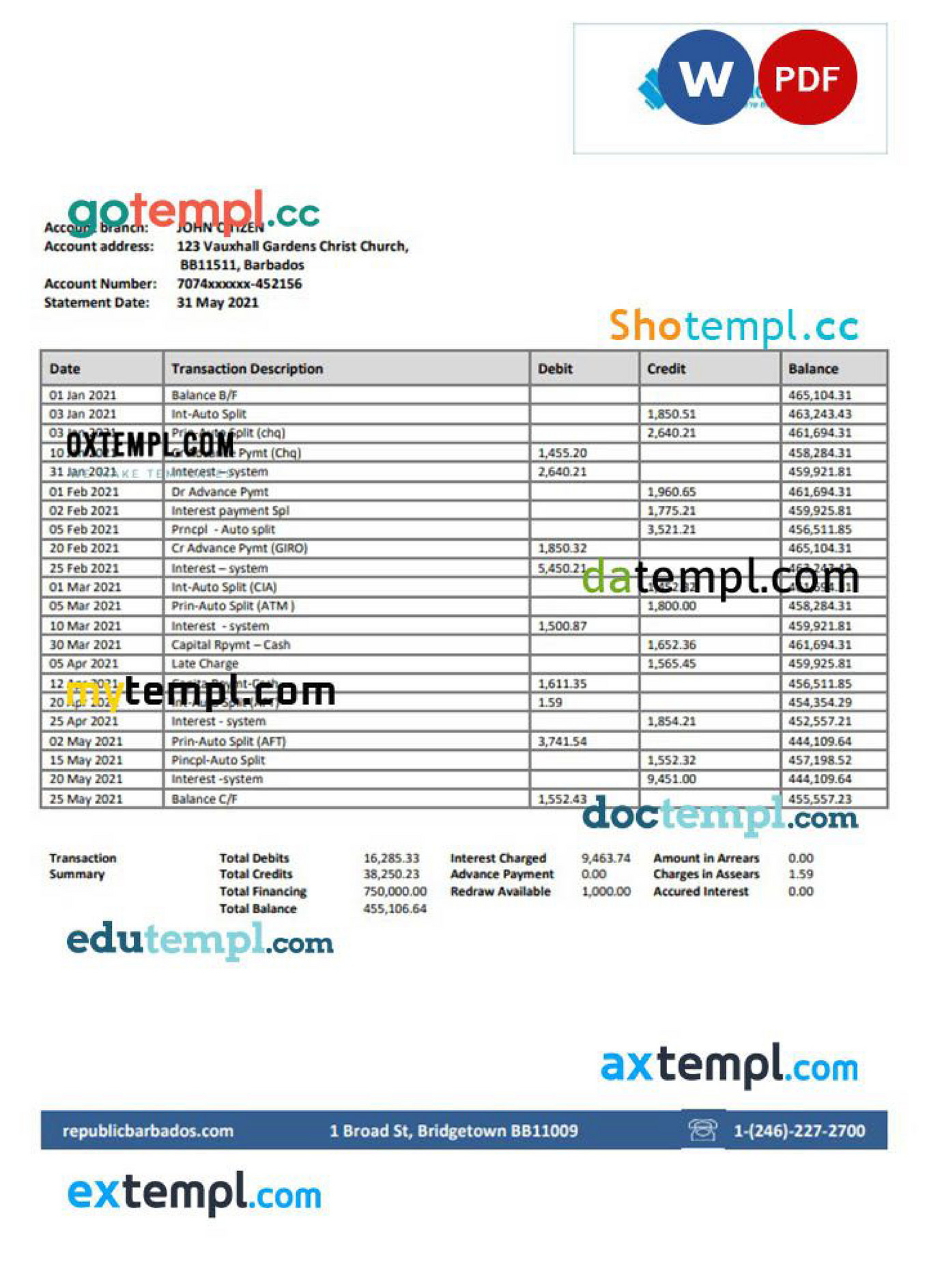 Doctempl - Barbadian Republic Bank statement example in Word and PDF ...