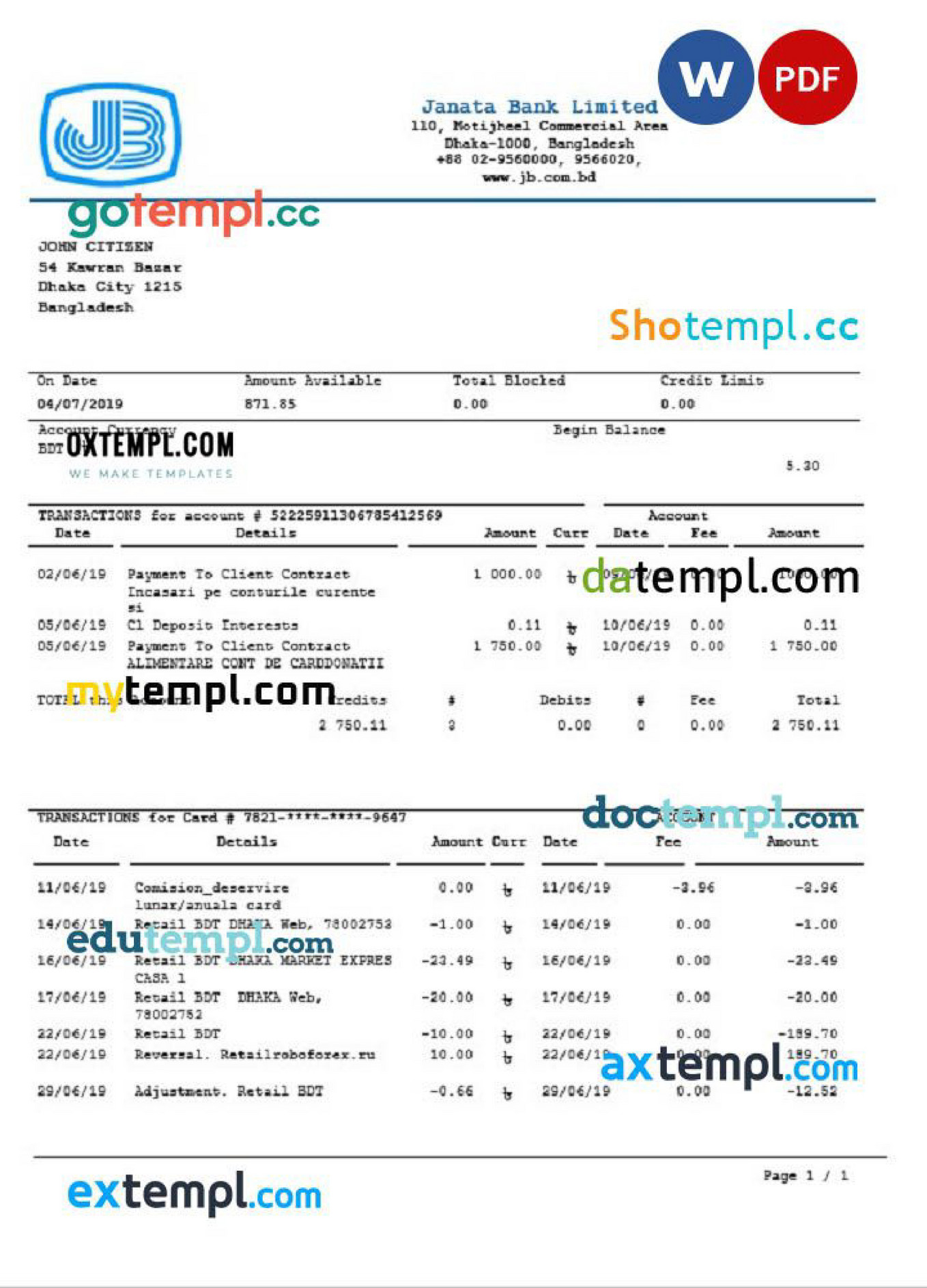 Doctempl - Bangladeshi Janata Bank statement easy to fill example in ...
