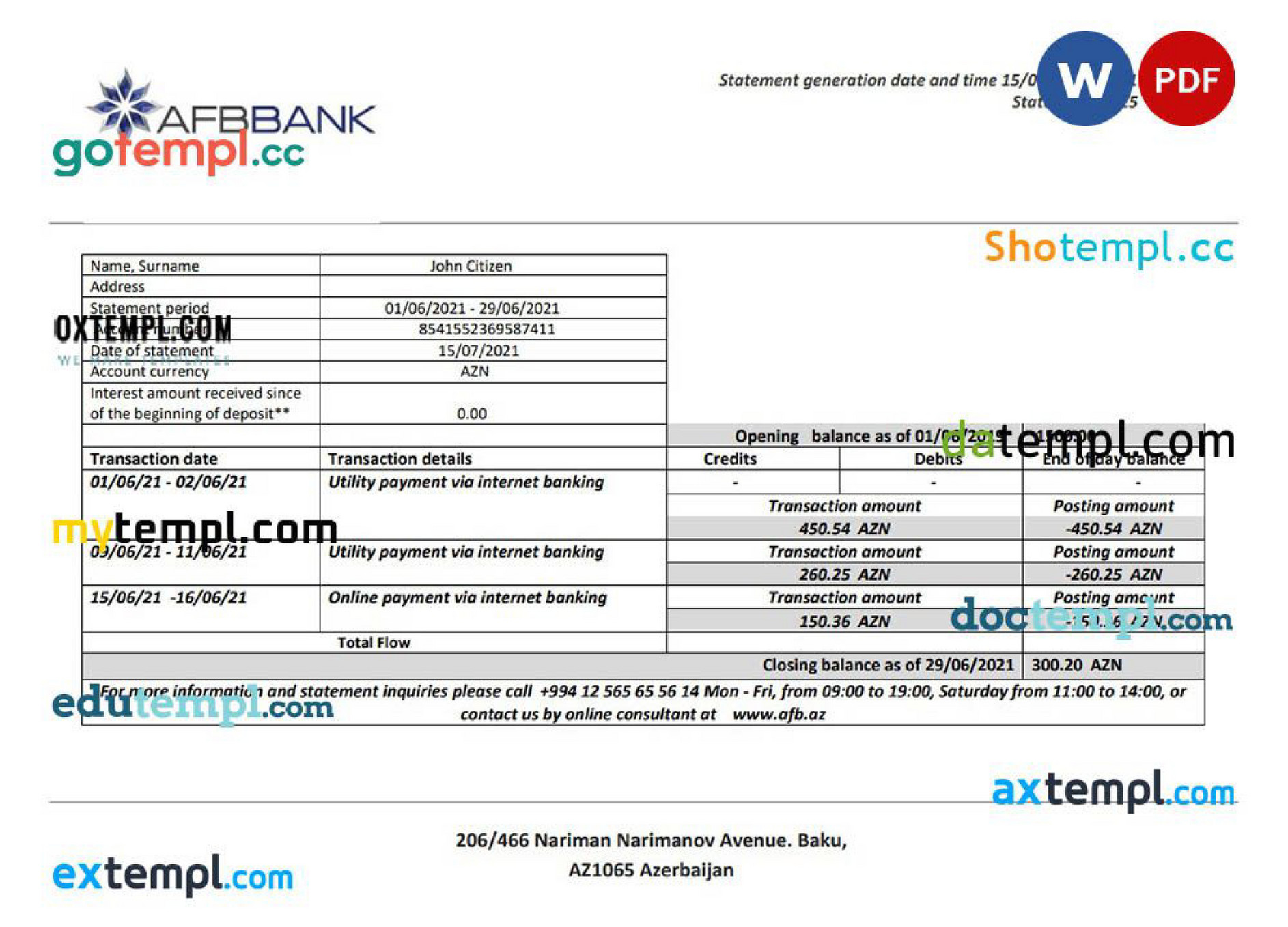 Doctempl - Azerbaijani AFB bank statement 3 – 6 months example in Word ...