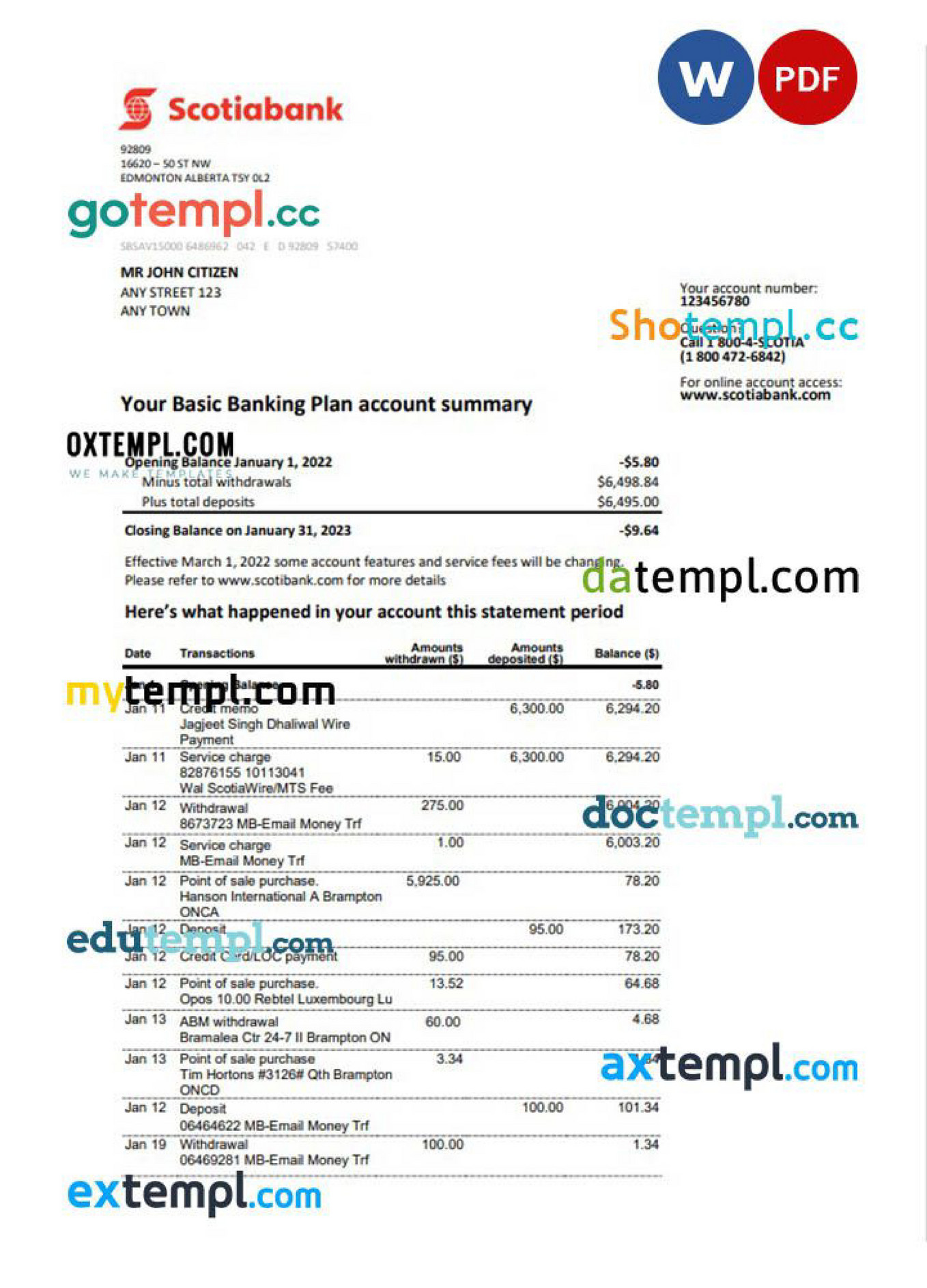 Doctempl - Australian Scotiabank bank statement 3 – 6 months, Word and PDF example, 2 pages - Page 1