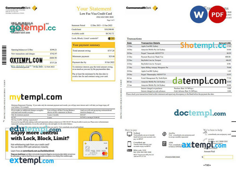 Doctempl - Australian Commonwealth bank statement 3 – 6 months, Word ...