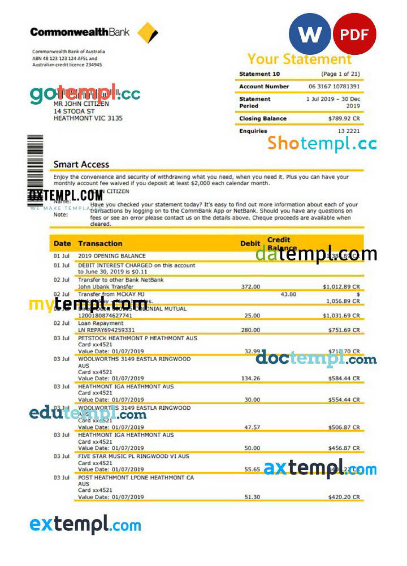 Doctempl - Australian Commonwealth bank statement 3 – 6 months example in Word and PDF format ...