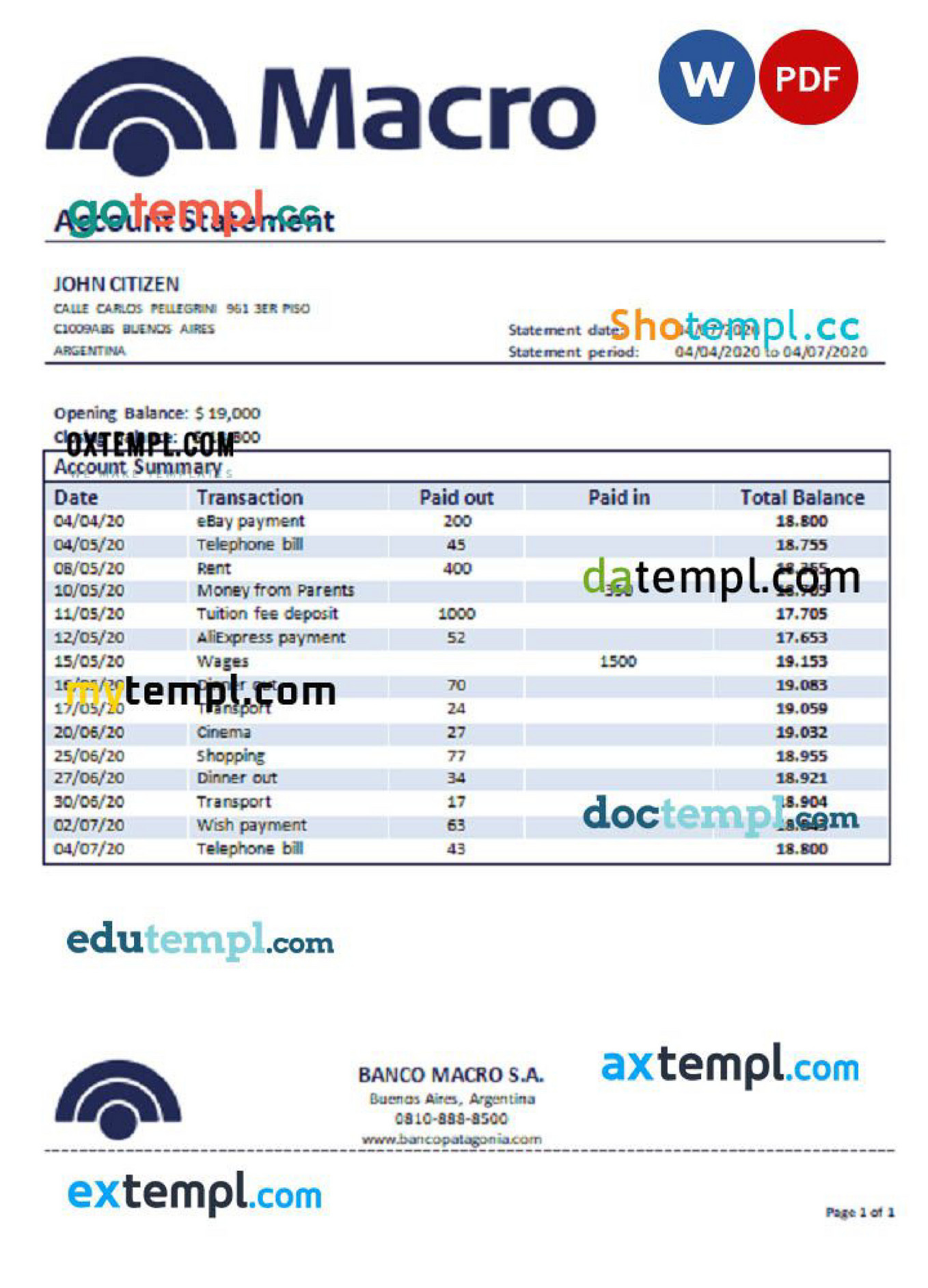 Doctempl - Argentinian Banco Macro S.A. bank statement 3 – 6 months example in Word and PDF ...