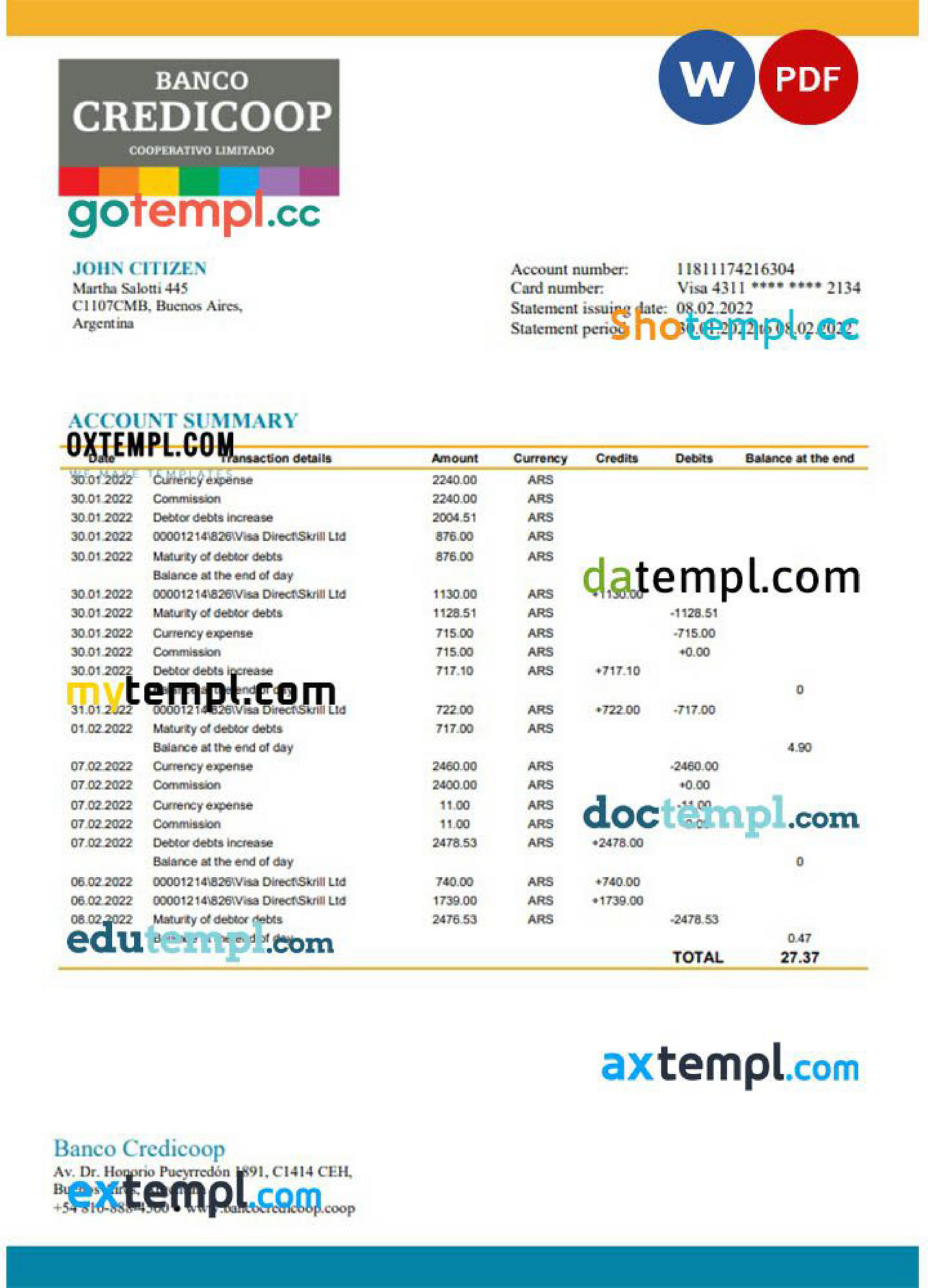 Doctempl - Argentinian Banco Credicoop bank statement 3 – 6 months example in Word and PDF ...