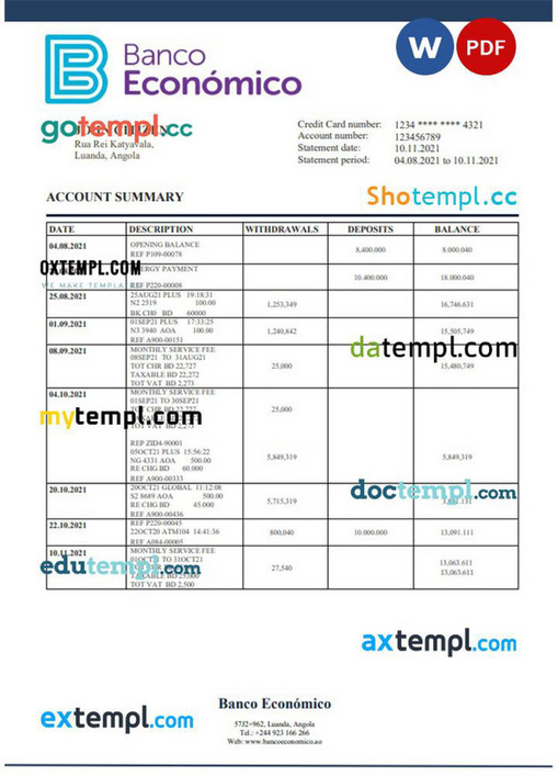 Doctempl - Angolan Banco Economico bank statement 3 – 6 months example in Word and PDF format ...