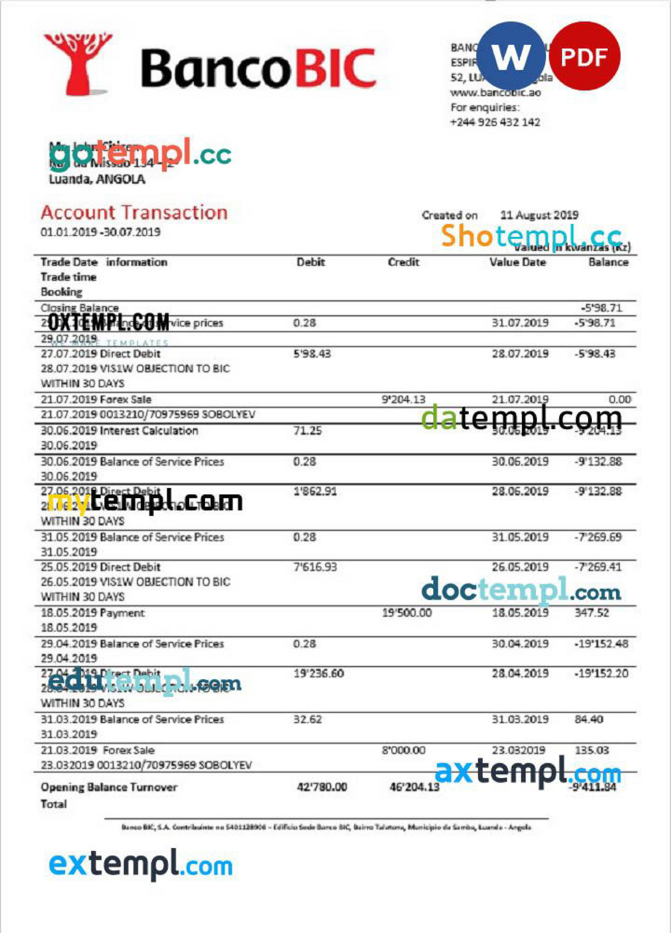 Doctempl - Angolan Banco BIC proof of address bank statement 3 – 6 months example in Word and ...