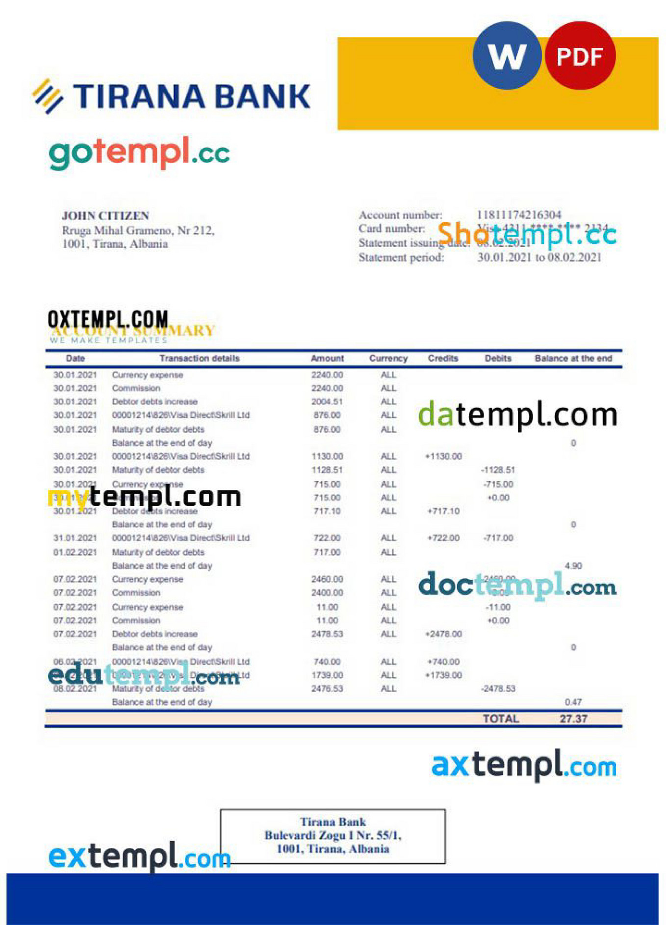 Doctempl - Albanian Tirana bank statement 3 – 6 months example in .doc and .pdf format, fully ...