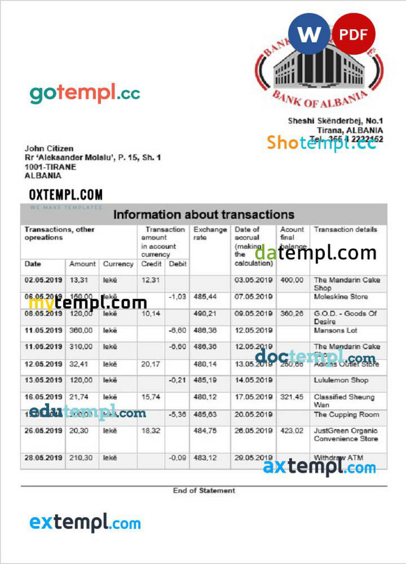 Doctempl - Albanian Bank of Albanian bank statement 3 – 6 months example in Word and PDF format ...