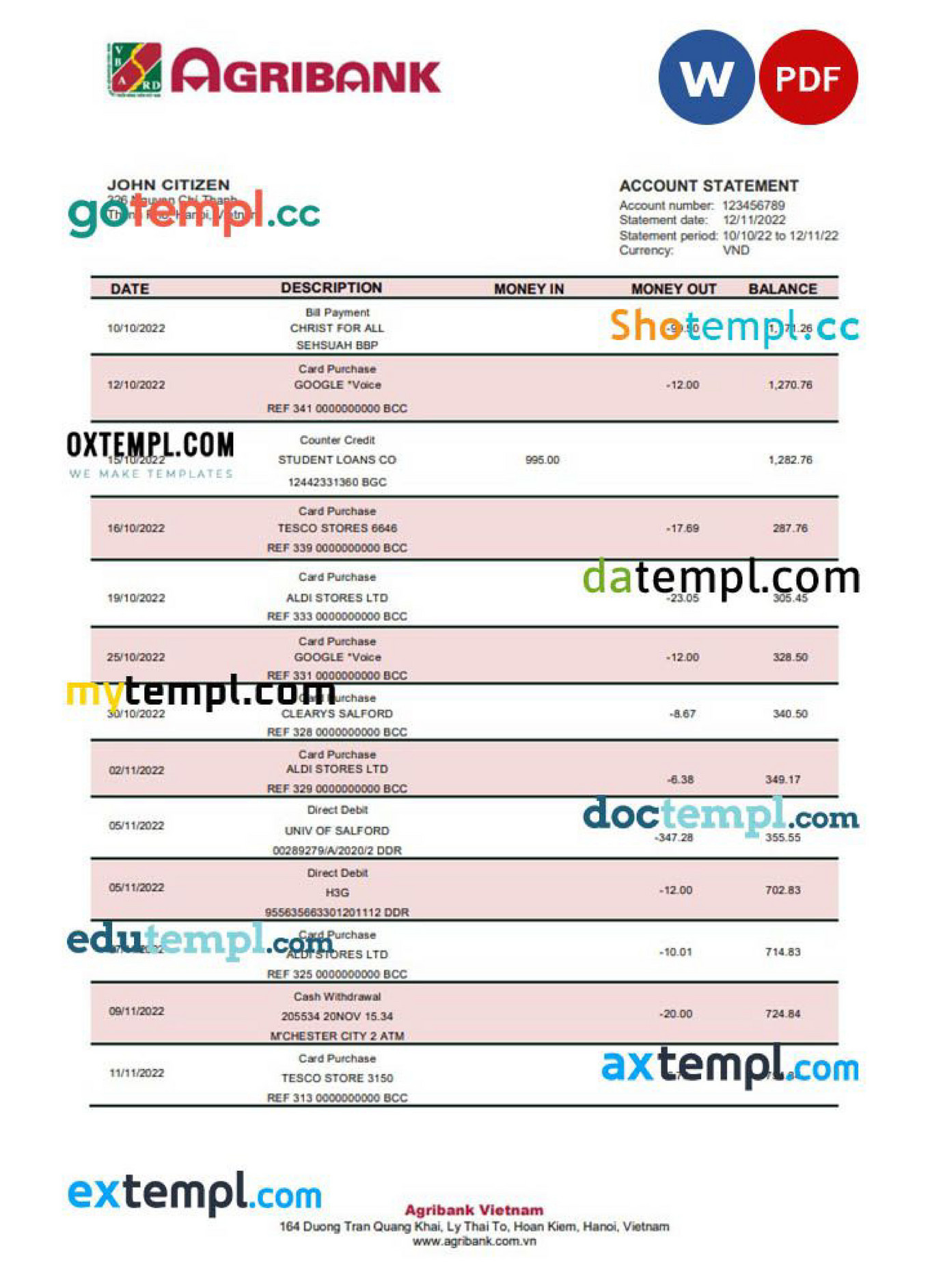 Doctempl - Vietnam Agribank bank statement template in Word and PDF format - Page 1
