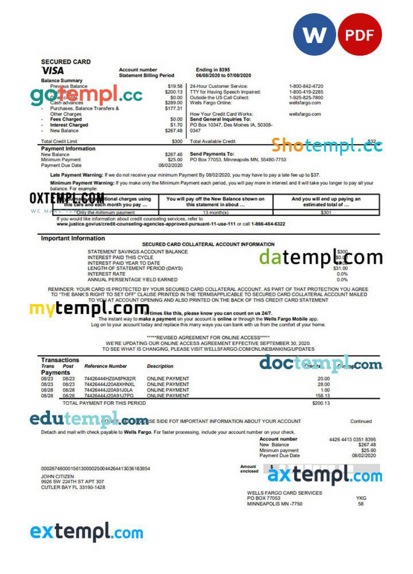 Doctempl - USA Wells Fargo bank credit card statement template in Word and PDF format - Page 1
