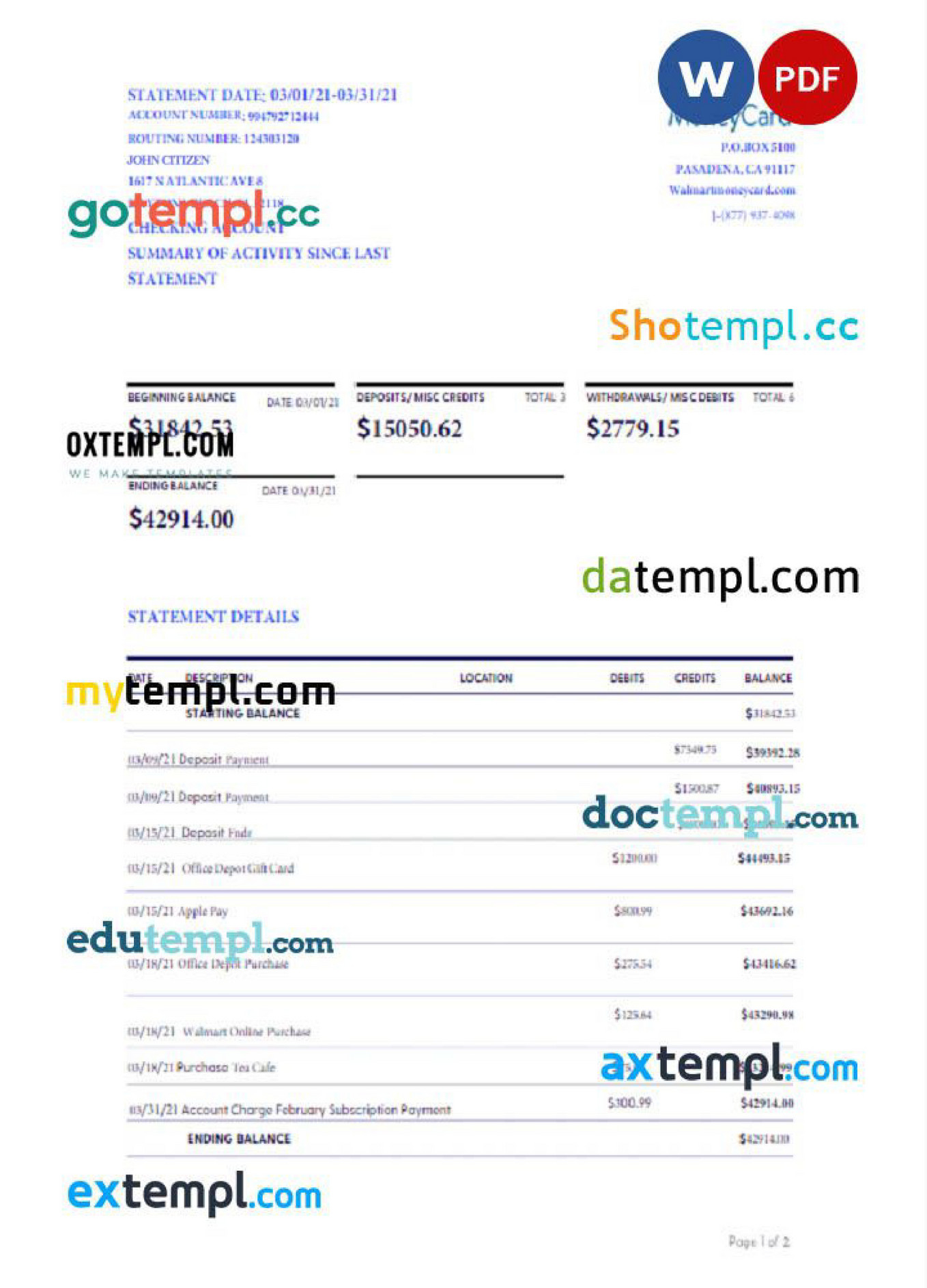 Doctempl - USA Varo bank statement, Word and PDF template, 2 pages ...